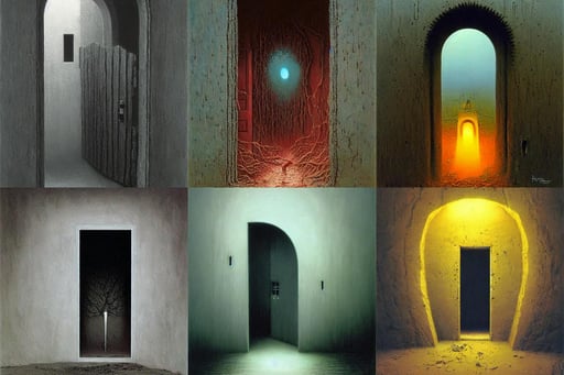 an eerie luminous door by Zdzislaw Beksinski, oil on canvas - Arthub.ai