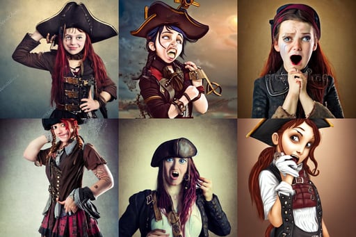 portrait of a rugged steampunk pirate, dressed as schoolgirl, sc ...