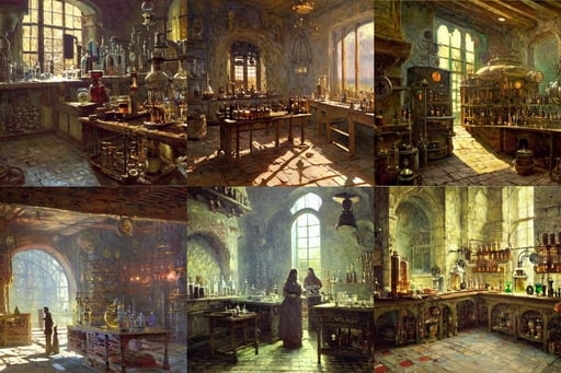 The alchemist's laboratory by Greg Rutkowski and Claude Monet, o... - Arthub.ai