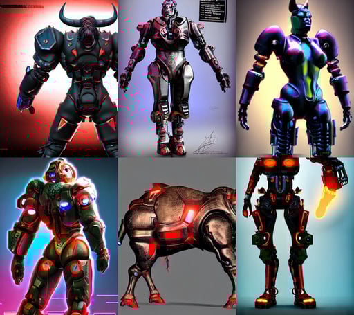 a full body shot of an imposing cyborg ( bull ) modeled after a ...