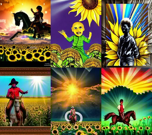 young prince, scary - face, riding a horse in a sunflower field ...