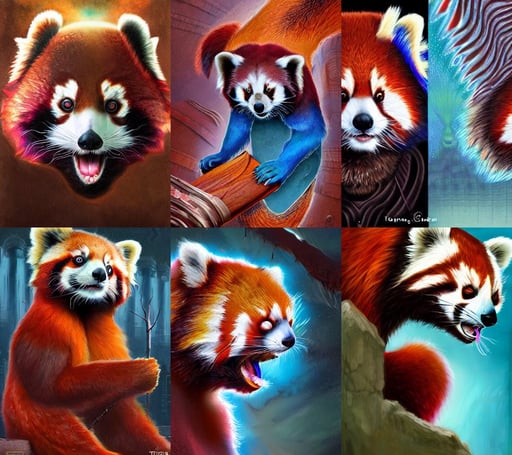 Anthropomorphized red panda, psychedelic fractal background, blo ...