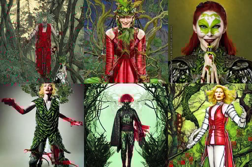 a grinning dryad cate blanchet, armored white and red reflective ...