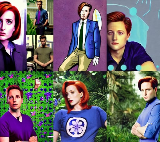 a portrait of a cute agent scully, spots of blue flowers nearby ...