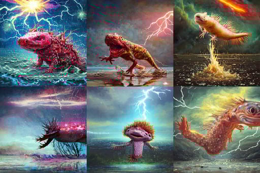 highly detailed monster Axolotl hit by lightning from the sky in ...