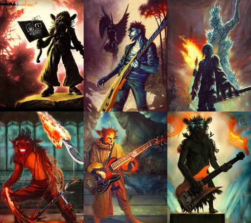 anime bugbear playing flaming ibanez bass guitar, Howard Pyle, p ...