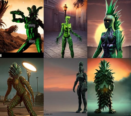 screaming pineapple humanoid figure monster wearing themed armou ...