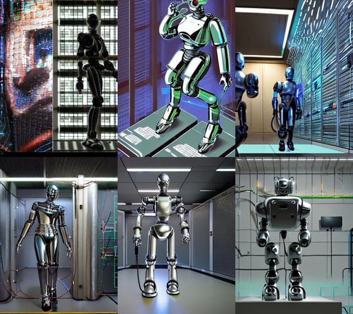 detailed chrome robot at the data center, intrincate details, fu... - Arthub.ai