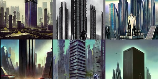 dystopian futuristic monolith, men in suits hanging from skyscra ...