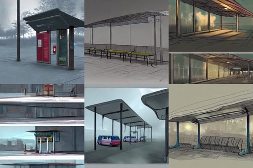 concept art of a bus stop with walls for the far north in style ...