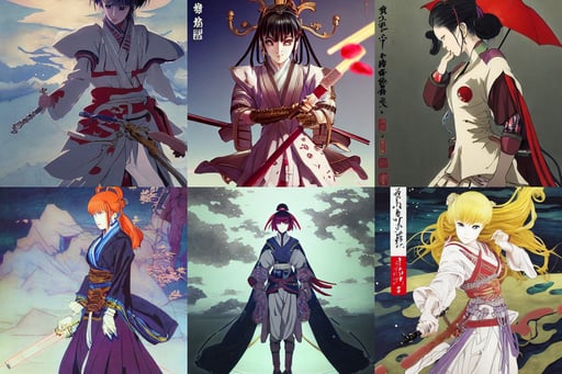 a powerful shogun, anime key visual of young female, in the styl ...