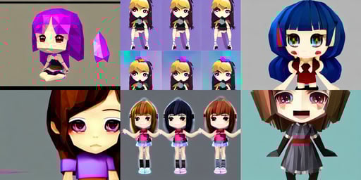 low-poly representation, chibi-style kawaii girl, very wide angl ...