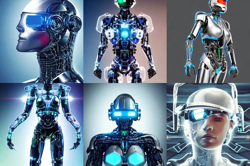 new cyborg with cybertronic gadgets and vr helmet, indoor limina ...