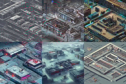 isometric view of a cyberpunk factory filled with drone workers ...