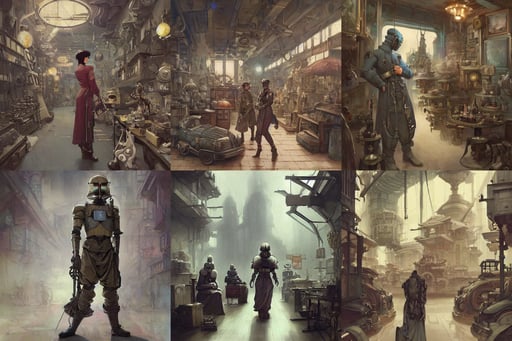 Antique store in a Dieselpunk city, artgerm and rossdraws, natur ...