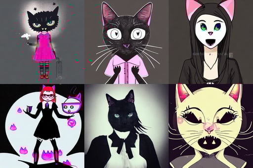 front shot of an evil witch cat, cute schoolgirl, foggy black ba ...