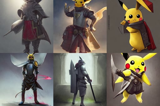a pikachu as a medieval knight, shopwindows, tattered grey cloak ...