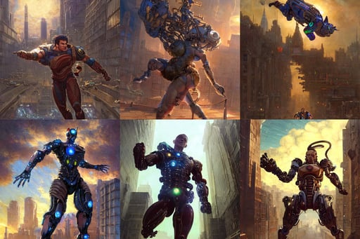 epic cyborg cat, dramatic action pose, wide streets, library bac ...