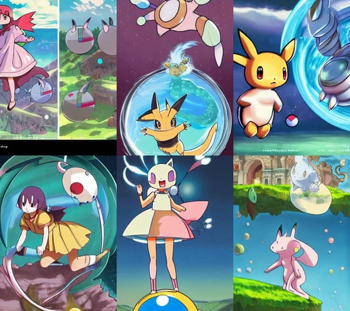 cinematic portrait of cute Pokemon Mew riding large blue bubble ...