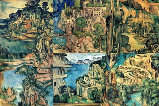 steampunk and forestpunk cliff dwellings, along the lake, art by ...