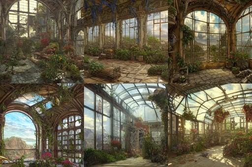 Ruined interior of steampunk building covered with plants, art b ...
