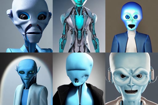 Humanoid alien with pale blue skin wearing a jacket - Arthub.ai