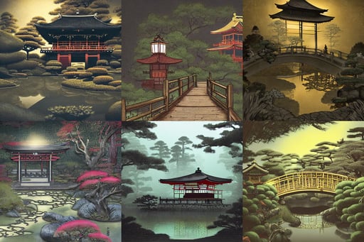 A detailed scene of a traditional japanese garden with a tea hou ...