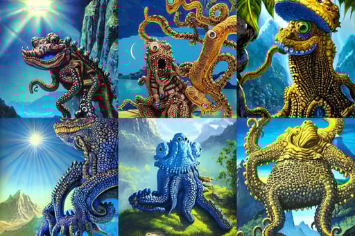crocodile octopus monster, blue wizard hat, sunlight glistening ...