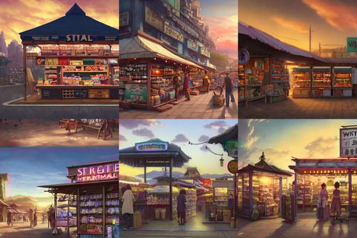 a highly detailed matte painting of a single market stall with a ...